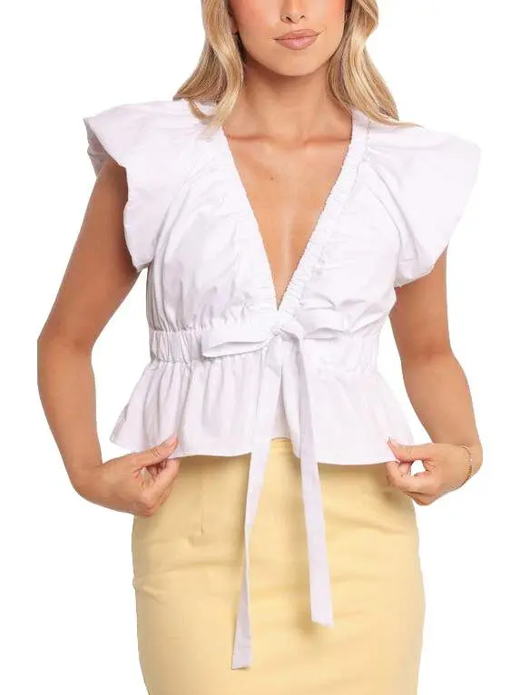 PETAL & PUP Cotton Drawstring Waist Peplum Top - White