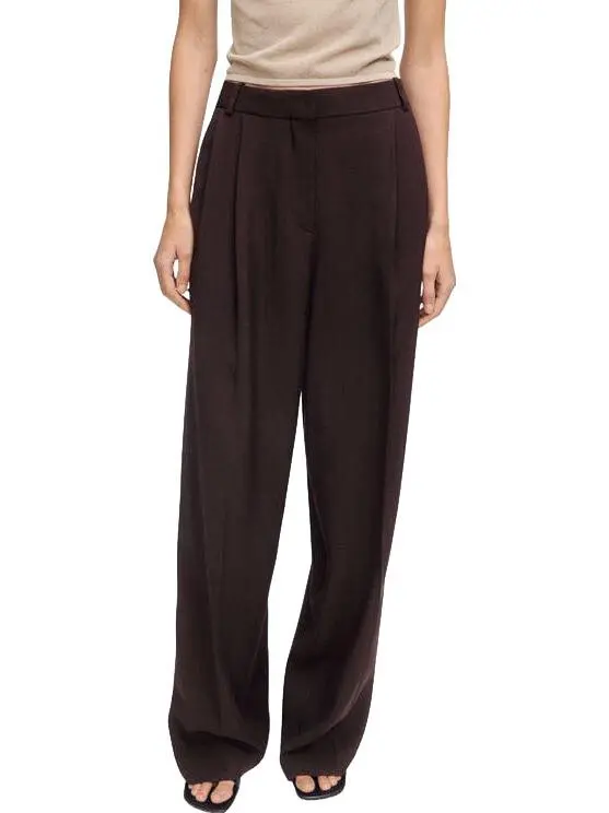 Mango Pleated Wide Leg Trousers - Chocolate