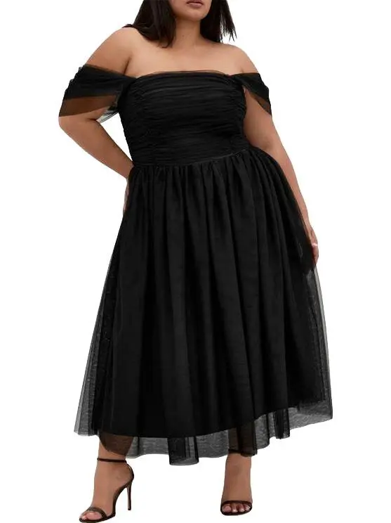 City Chic Off-the-shoulder Tulle Midi Dress - Black