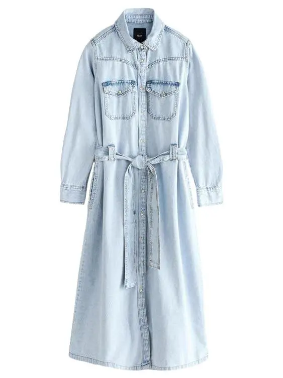 NEXT Tie Waist Long Sleeve Denim Maxi Dress - Blue