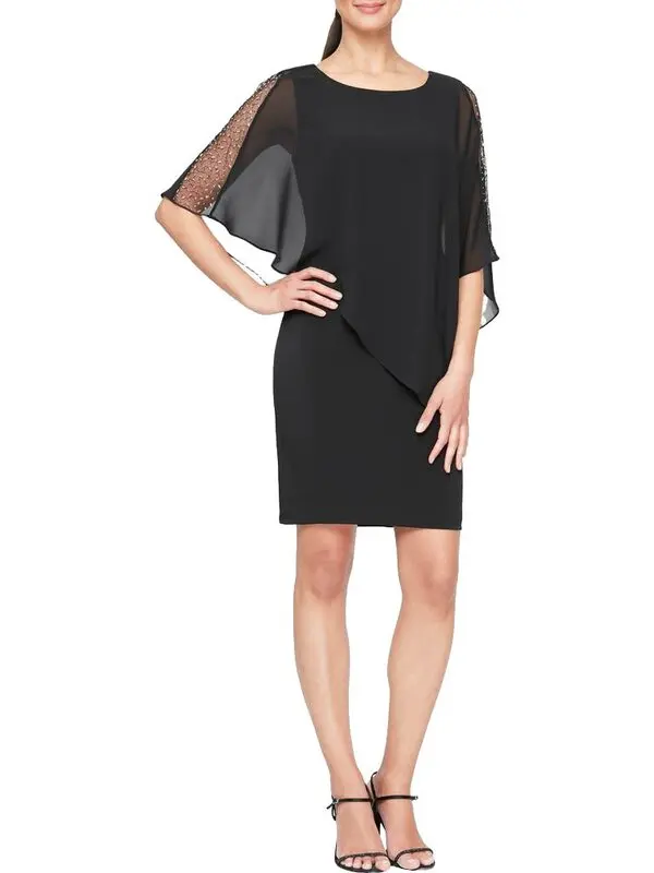 SL FASHIONS Sheath Dress & Embellished Cape Set - Black