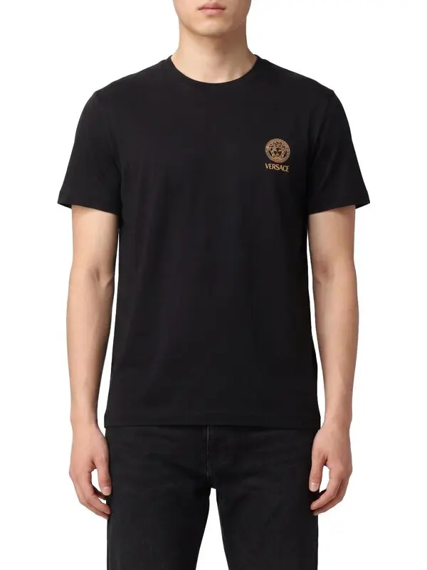 Versace Short-sleeved Slim Fit T-shirt In Cotton With Medusa Logo - Black