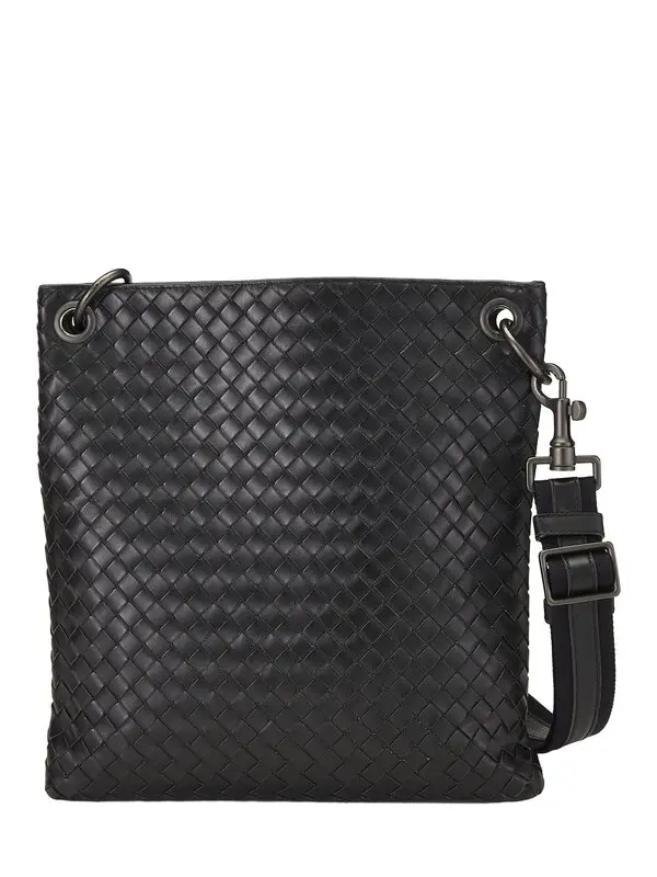 Bottega Veneta Intrecciato Flat Messenger Bag - Black