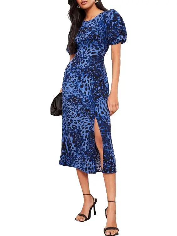 FRIENDS LIKE THESE Leopard Print Ruched Midi Dress - Blue