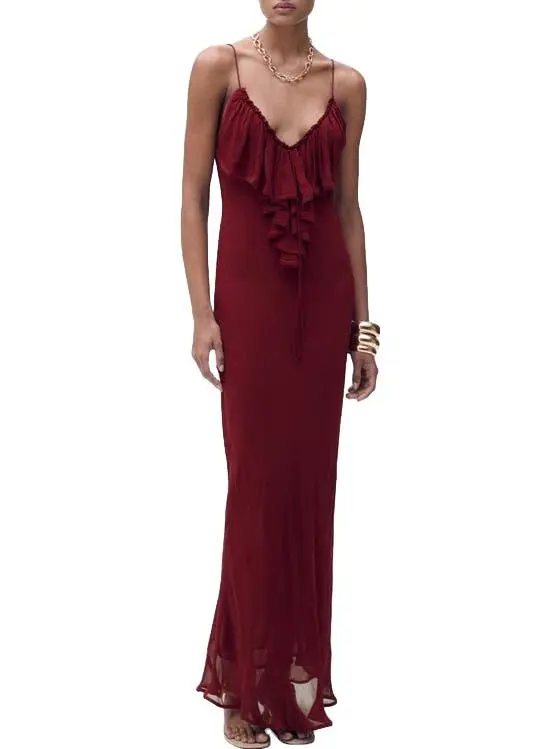 Mango Ruffle Detail Sleeveless Gown - Burgundy