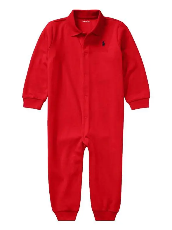Ralph Lauren Solid Cotton Interlock Polo Romper - Red