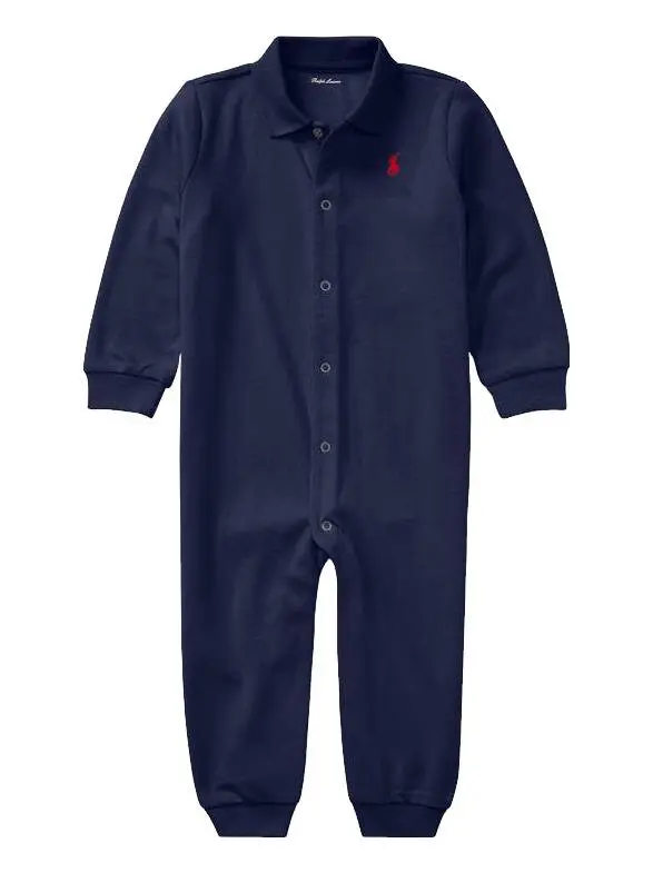 Ralph Lauren Solid Cotton Interlock Polo Romper - Refined Navy