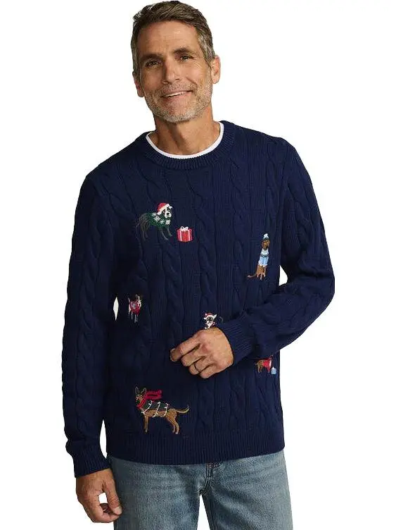 LANDS' END Classic Cotton Drifter Signal Flags Crew Neck Sweater - Festive Dogs/deep Sea Navy