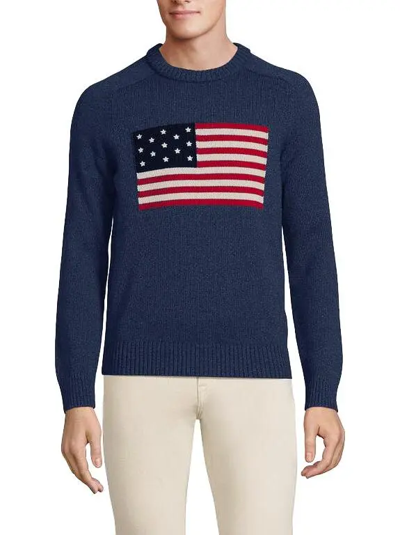 LANDS' END Classic Cotton Drifter Signal Flags Crew Neck Sweater - Midnight Sky Heather Flag