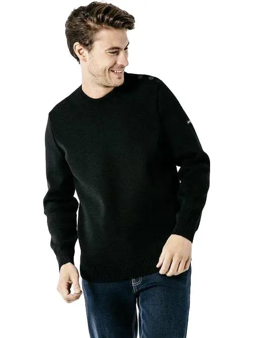Saint James Cancale Fisherman Wool Sweater With Button Shoulder - Black