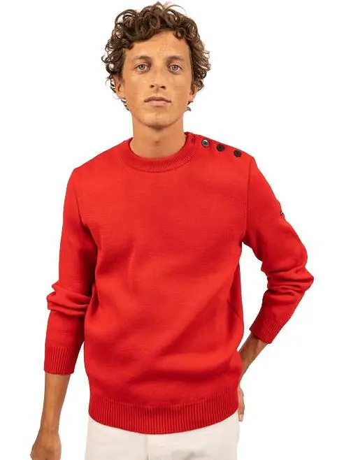 Saint James Cancale Fisherman Wool Sweater With Button Shoulder - Red