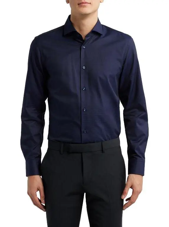 BOSS Hank Slim Fit Solid Blue Cotton Twill Dress Shirt - Dark Blue