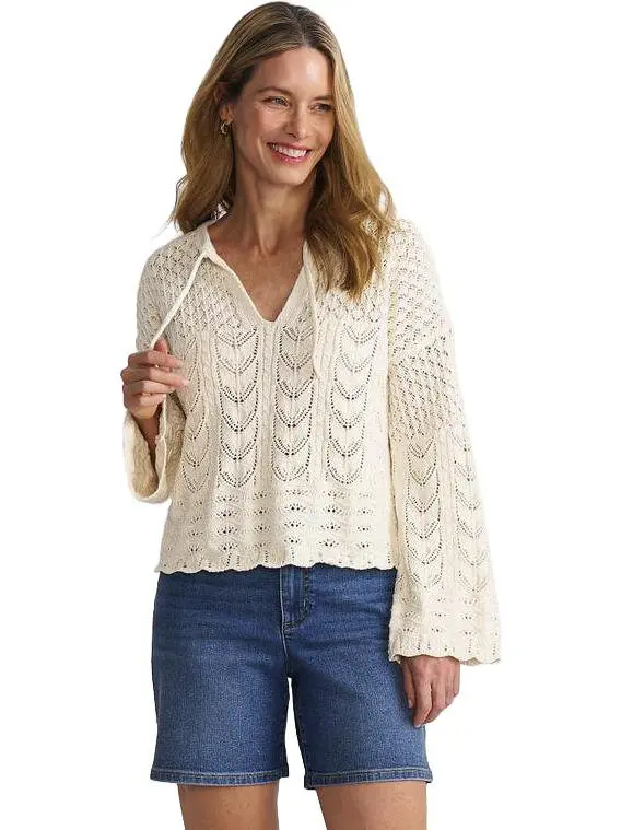 LANDS' END Cotton Boucle Pointelle Notch Neck Sweater - Fresh Ivory