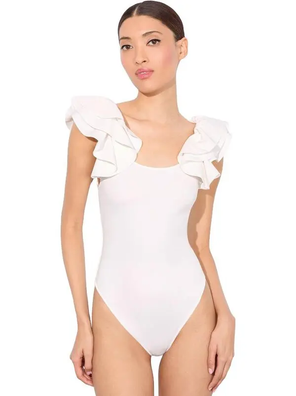 Alice + Olivia Tawny Ruffle Bodysuit - White
