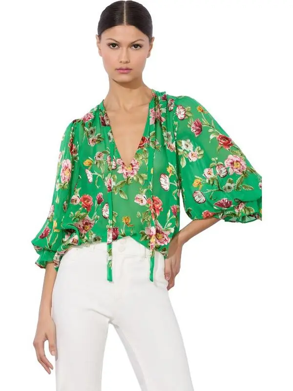 Alice + Olivia Silk-satin Burnout Moranne Blouse - Floral