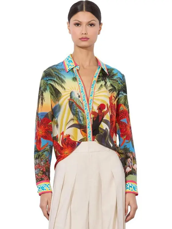 Alice + Olivia Willa Silk Island Dreams Print Blouse - Denim