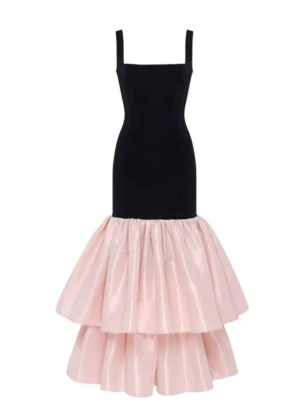 MILLA Fitted Maxi Dress With Tiered Skirt - Black&pink