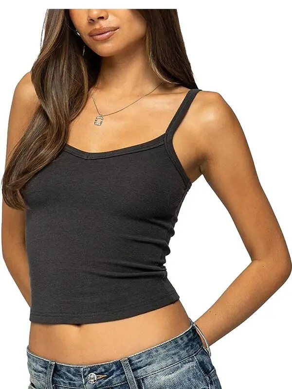 EDIKTED Aspyn V-neck Ribbed Tank Top - Dark Gray