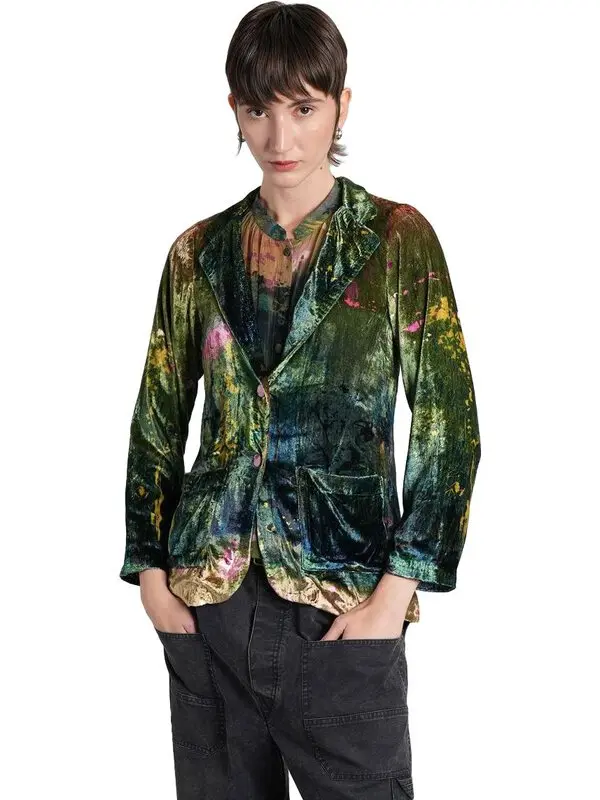YAVI Printed Silk Blazer - Green