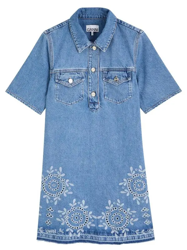 GANNI Broderie Anglaise Mini Dress - Denim