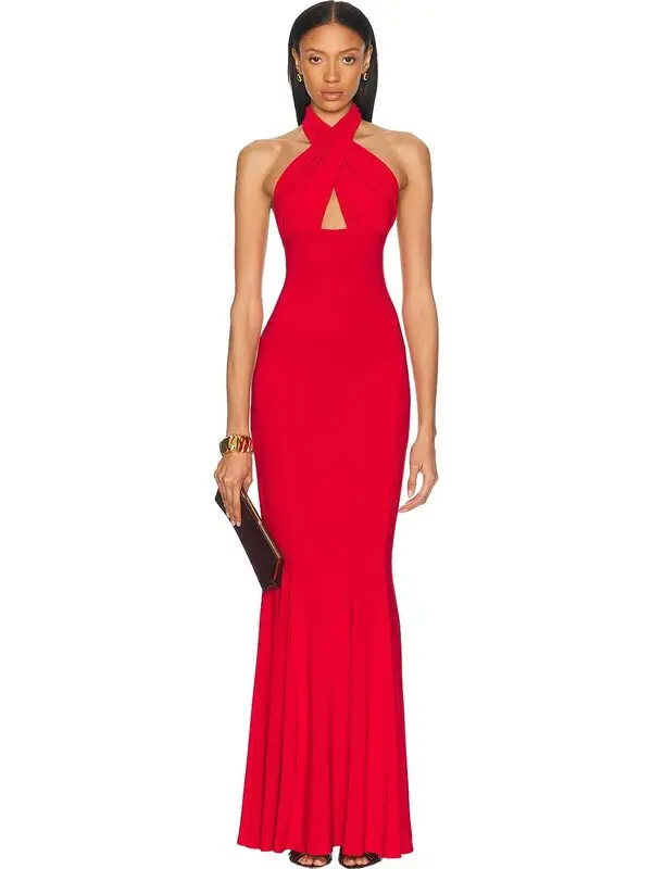 Norma Kamali Cross Halter Fishtail Gown - Tiger Red
