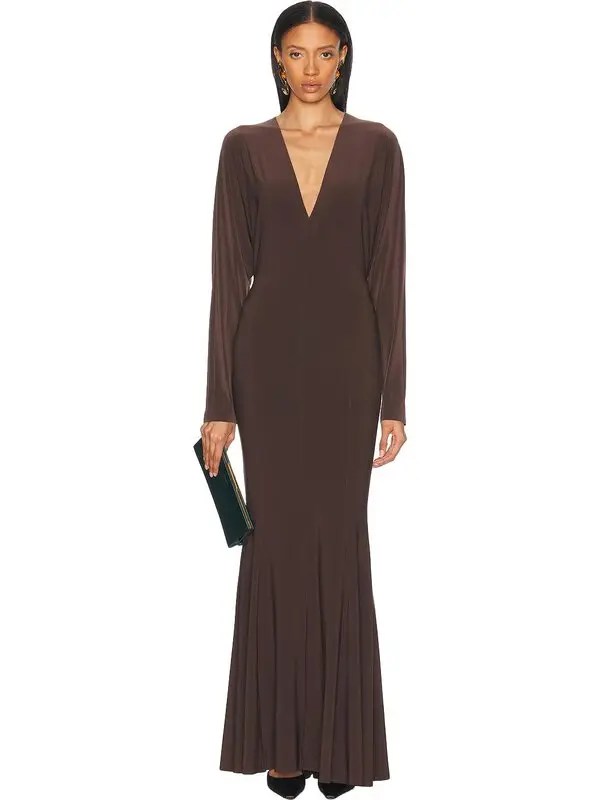 Norma Kamali Dolman V Neck Fishtail Gown - Chocolate