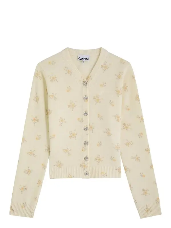 GANNI Floral-print Wool-blend Cardigan - White