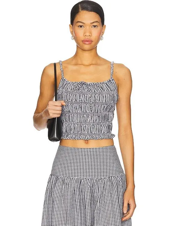 Tularosa Rory Smocked Seersucker Cropped Top With Ruffled Hem - Black
