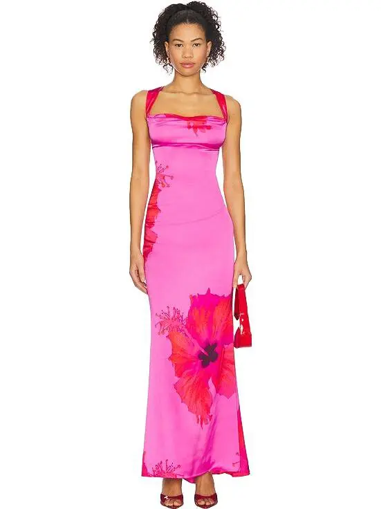 Good American Satin Lace Up Maxi Dress - Pink Hibiscus002