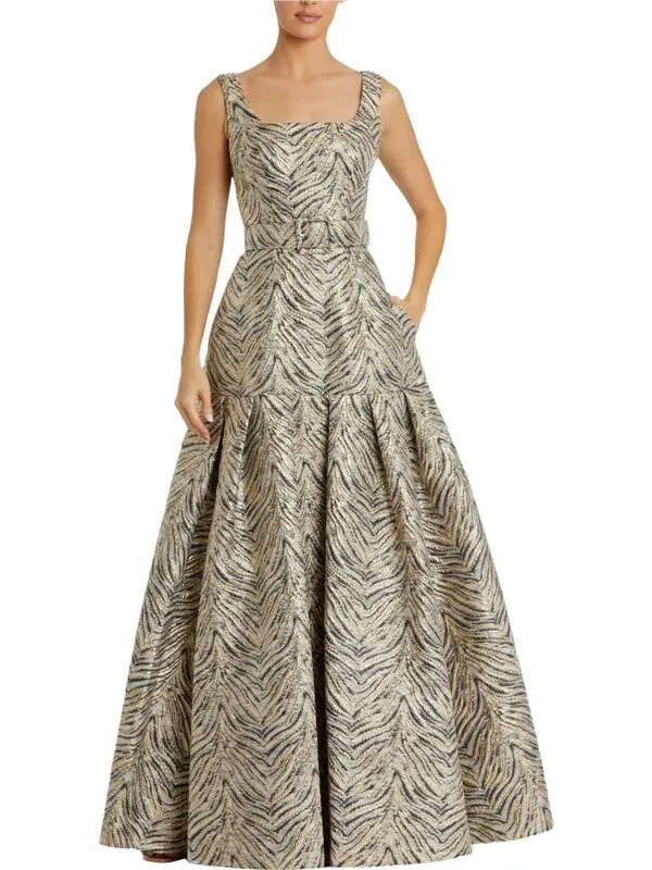 Mac Duggal Metallic Zebra Print A-line Gown With Belt - Gold