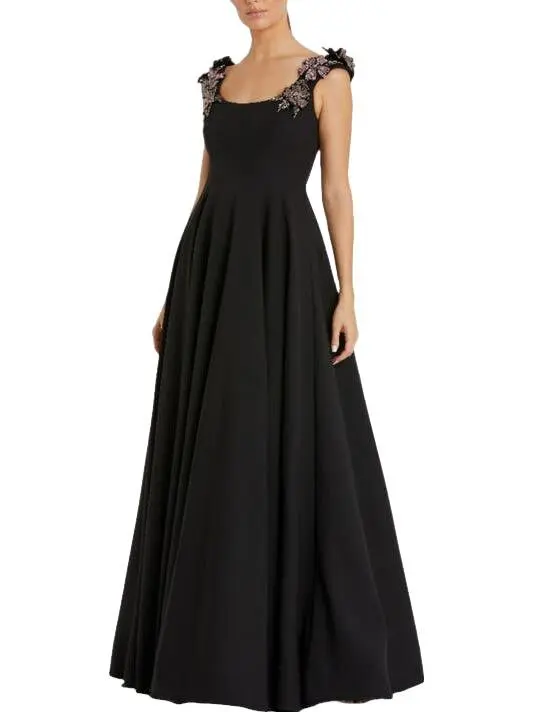 Mac Duggal Crepe Rhinestone Flower Ballgown - Black