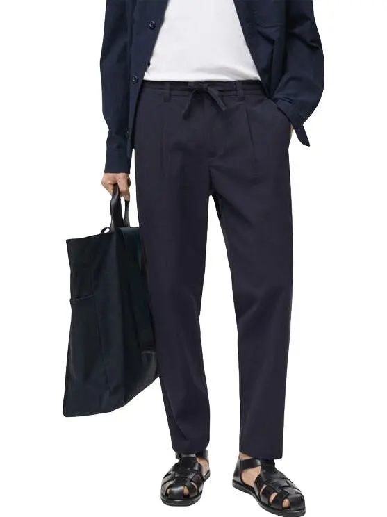 Mango Slim Fit Pleated Seersucker Trousers - Night Blue