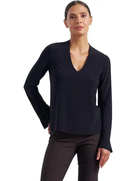 FRANNE GOLDE Luxe Stretch Long Sleeve V-neck Top - Black