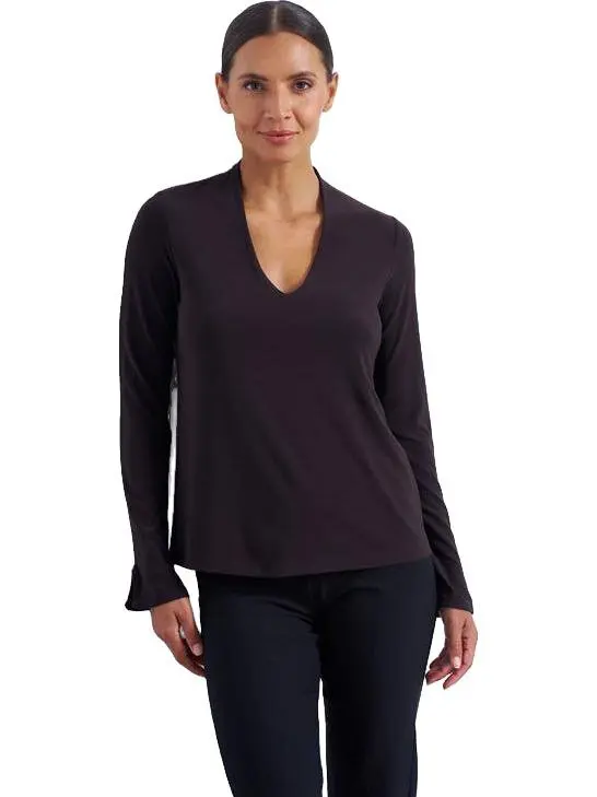 FRANNE GOLDE Luxe Stretch Long Sleeve V-neck Top - Espresso