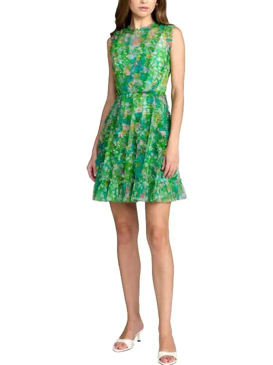 Mac Duggal Mesh Micro Ruffle High Neck Floral Mini Dress - Green Multi