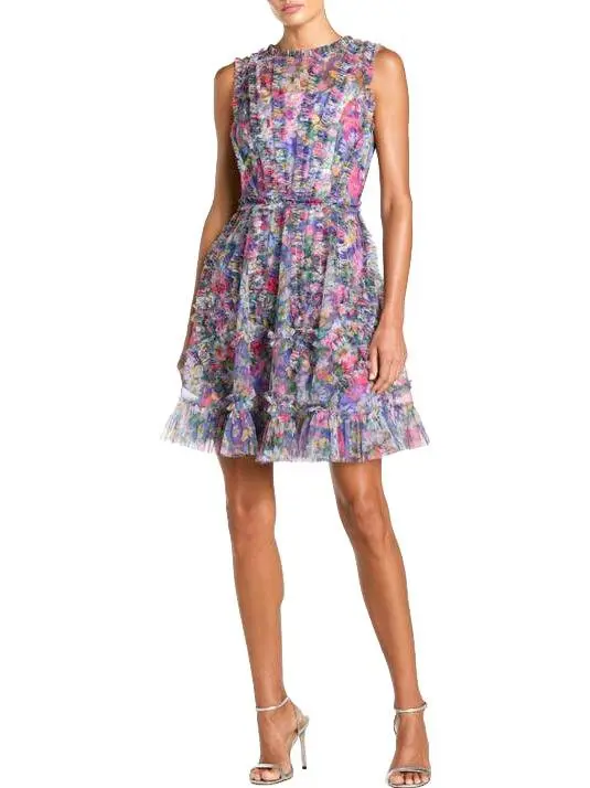 Mac Duggal Mesh Micro Ruffle High Neck Floral Mini Dress - Purple Multi