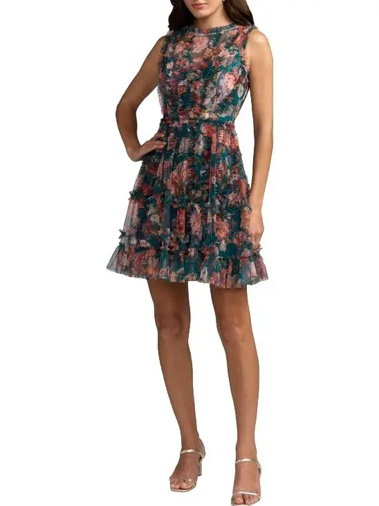 Mac Duggal Floral Mesh Micro Ruffle High Neck Mini Dress - Teal Multi