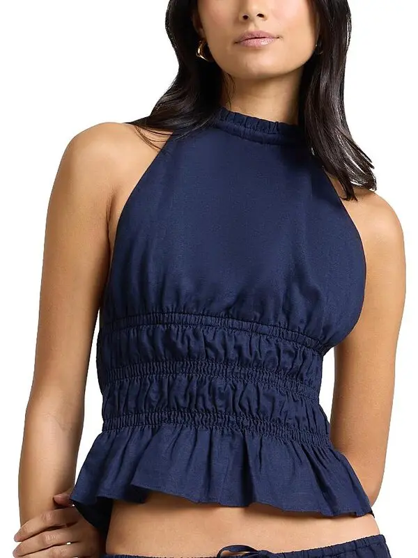 Onia Air Linen Smocked Halter Top - Noir Navy