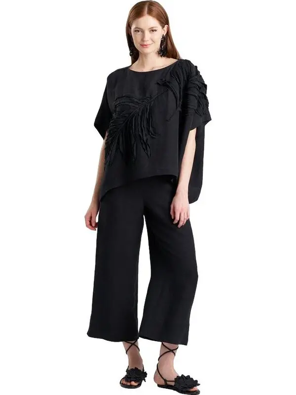 Natori Linen Blend Embroidered Caftan Top - Black