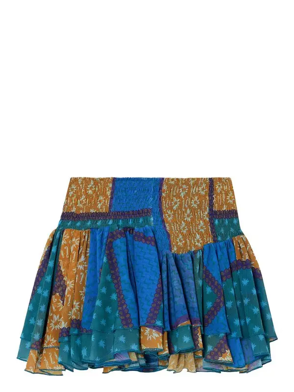 DONDE ESTEBAN Estrellitas Tiered Smocked Printed Chiffon Mini Skirt - Blue