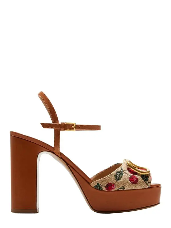 Valentino Garavani Cherry-embroidered Raffia Platform Sandals - Tan