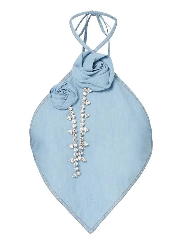 AREA Embellished Floral-appliqué Cotton Top - Blue