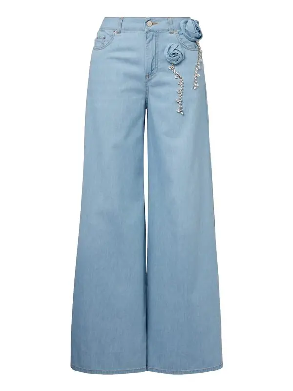 AREA Embellished Floral-appliqué Wide-leg Jeans - Blue
