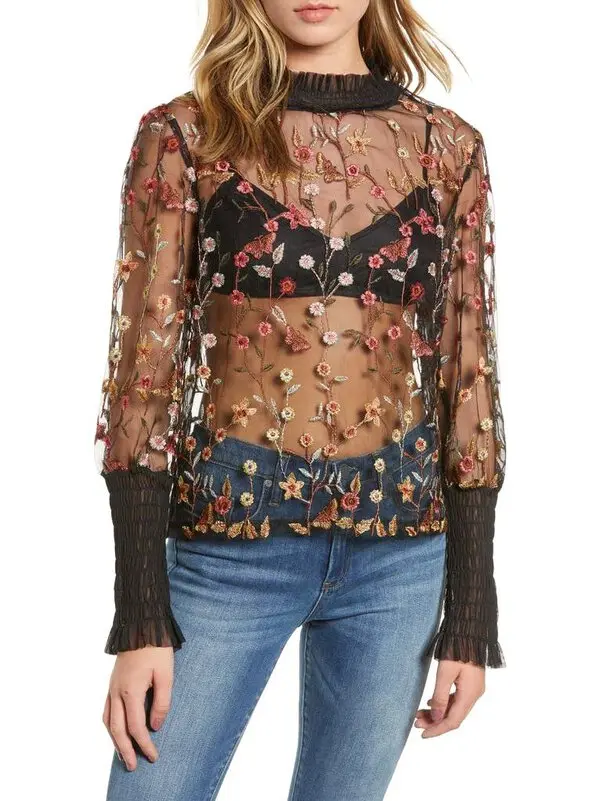 Endless Rose Embroidered Mesh Top - Black