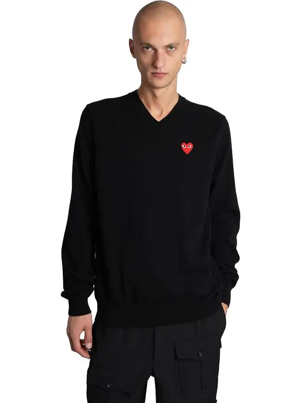 Play Comme Des Garcon Heart Patch V-neck Knitwear - Black