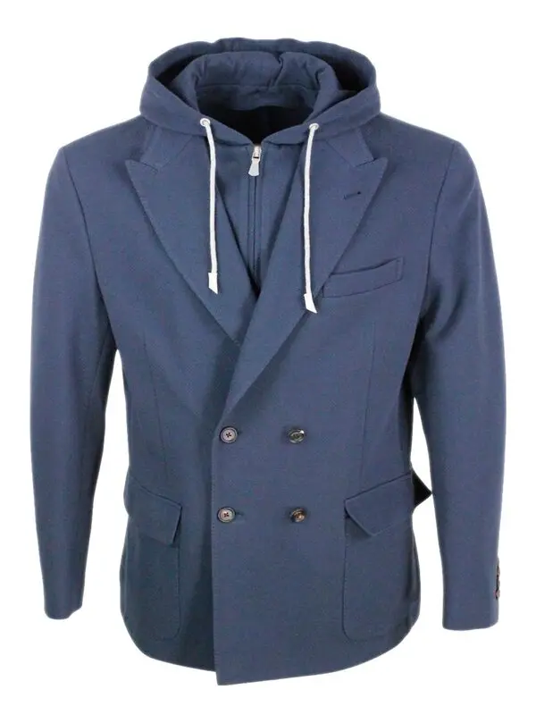 Eleventy Double-breasted Jacket With Detachable Hood - Blue