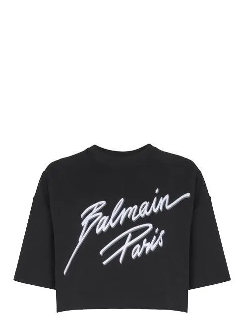 Balmain Cropped T-shirt With Flocked Letter Logo - Black