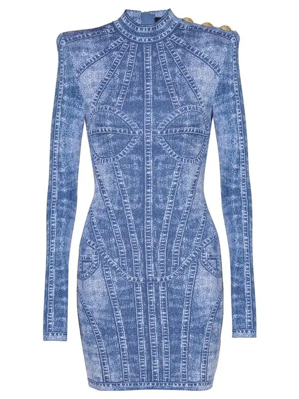 Balmain Short Jacquard Knit Dress With Denim Effect - Blue