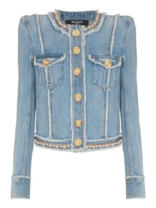 Balmain Denim Jacket With Pearl Trim - Blue