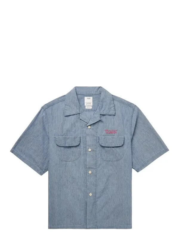 Visvim Keesey Convertible-collar Logo-embroidered Cotton And Silk-blend Chambray Shirt - Blue